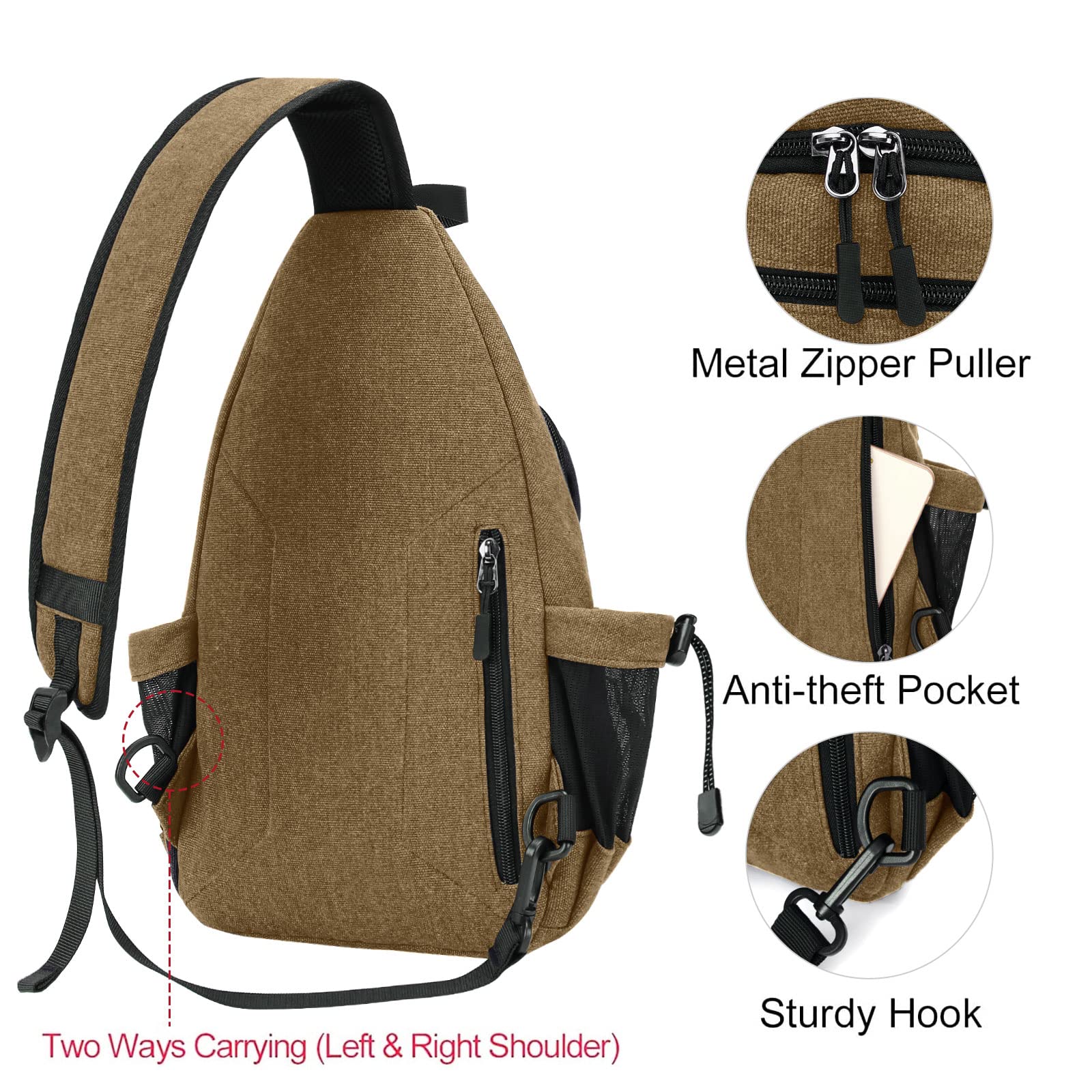 MOSISO Sling Backpack,Canvas Crossbody Hiking Daypack Bag with Anti-theft Pocket, Brown