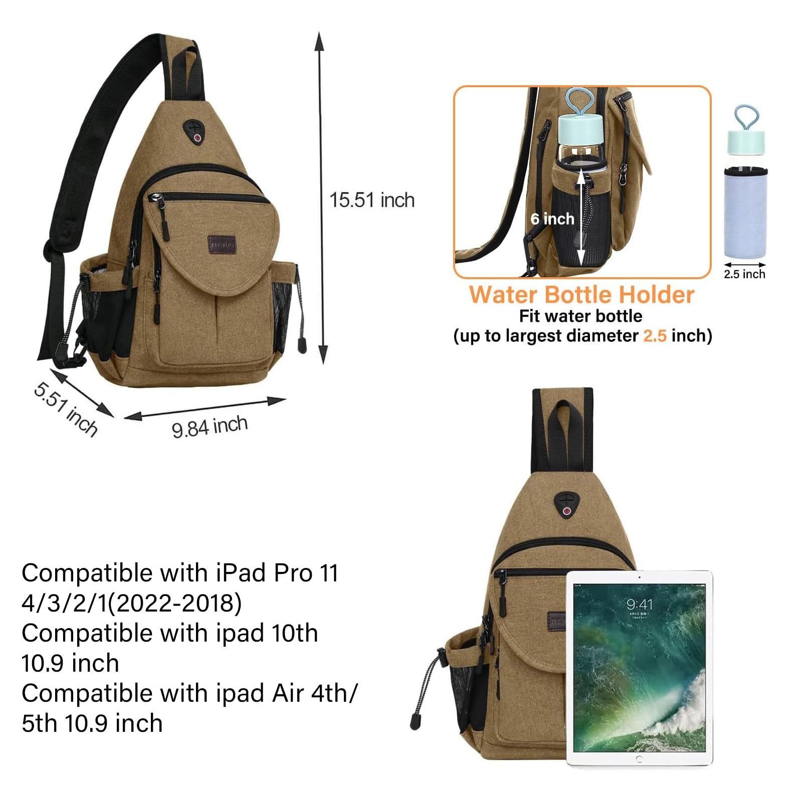 MOSISO Sling Backpack,Canvas Crossbody Hiking Daypack Bag with Anti-theft Pocket, Brown