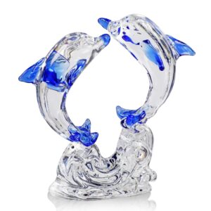 h&d hyaline & dora double crystal glass dolphins figurines collectibles, sea animal sculpture statue, home desk decoration ornaments