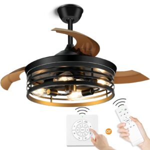 neworb 42inch retractable ceiling fans with lights remote control black caged ceiling fans farmhouse vintage industrial ceiling fan with lights for living room bedroom kitchen patio