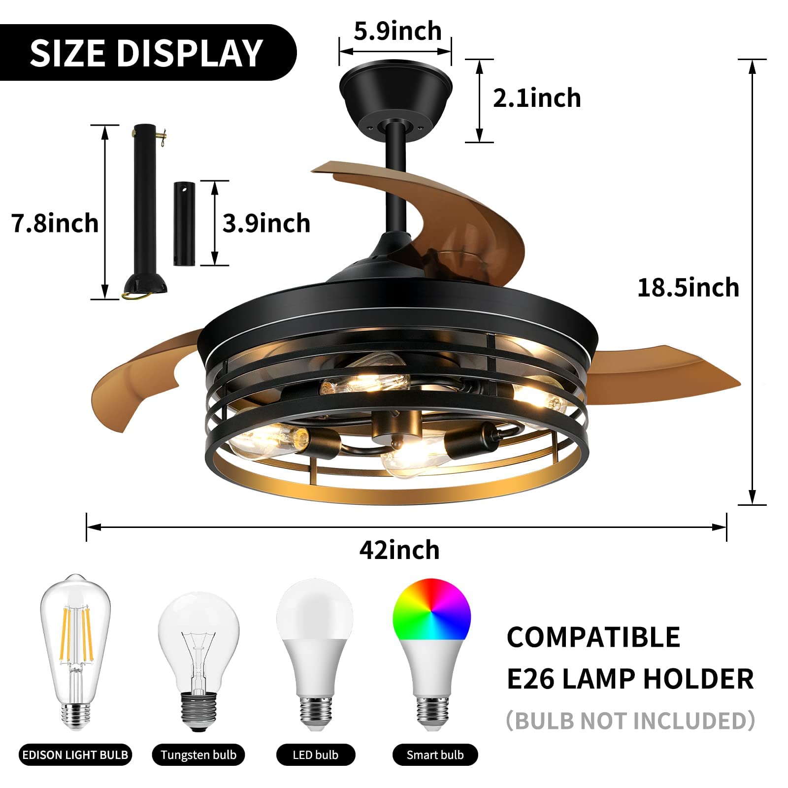 NEWORB 42Inch Retractable Ceiling Fans with Lights Remote Control Black Caged Ceiling Fans Farmhouse Vintage Industrial Ceiling Fan with Lights for Living Room Bedroom Kitchen Patio