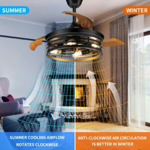 NEWORB 42Inch Retractable Ceiling Fans with Lights Remote Control Black Caged Ceiling Fans Farmhouse Vintage Industrial Ceiling Fan with Lights for Living Room Bedroom Kitchen Patio