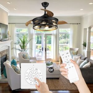 NEWORB 42Inch Retractable Ceiling Fans with Lights Remote Control Black Caged Ceiling Fans Farmhouse Vintage Industrial Ceiling Fan with Lights for Living Room Bedroom Kitchen Patio