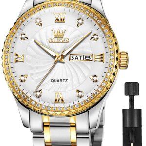 OLEVS Mens Watches Diamond Luxury Business Dress White Wrist Watch Quartz Stainless Steel Day Date Waterproof Luminous