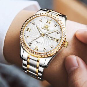 OLEVS Mens Watches Diamond Luxury Business Dress White Wrist Watch Quartz Stainless Steel Day Date Waterproof Luminous