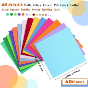 60 Pieces Solid Cotton Quilting Fabric Color Fabric Bundles Fabric Quilt Solid Quilting Squares Quilting Fabric Patchwork Sewing Craft Precut Fabric Scrap for DIY Crafts(4 x 4 Inch)