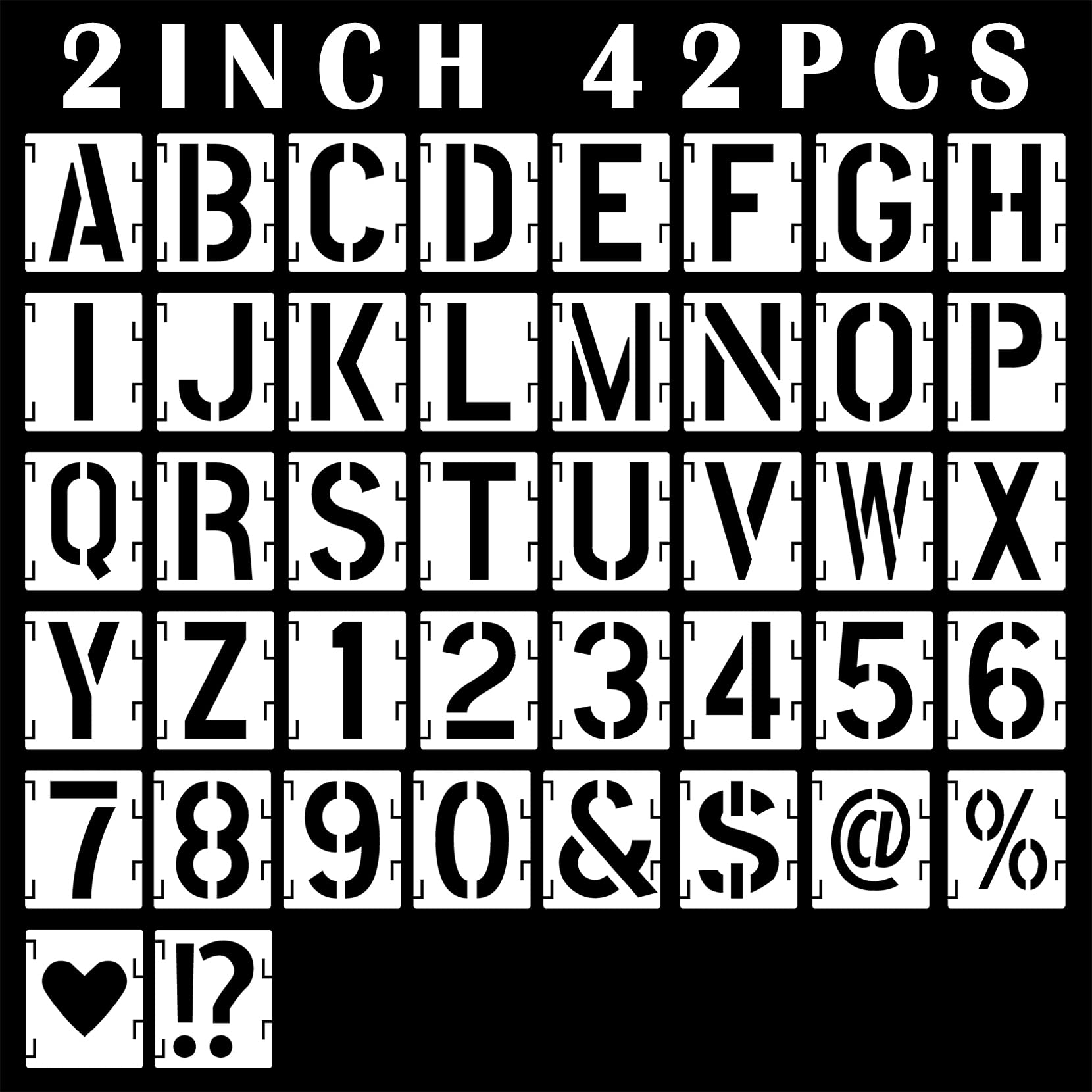 Mossdecal 2 Inch Letter Stencils Symbol Numbers Craft Stencils, 42 Pcs Reusable Alphabet Templates Interlocking Stencil Kit for Painting on Wood, Wall, Glass, Fabric, Rock, Canvas, Chalkboard,Signage