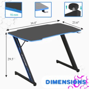 XXkseh 39 in Gaming Desk Gaming Computer Desk with Hook Z-Shaped PC Gaming Table Home Office Desks for Small Places, Carbon Fiber Surface, Simple Installation, Blue