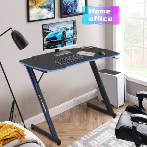 XXkseh 39 in Gaming Desk Gaming Computer Desk with Hook Z-Shaped PC Gaming Table Home Office Desks for Small Places, Carbon Fiber Surface, Simple Installation, Blue