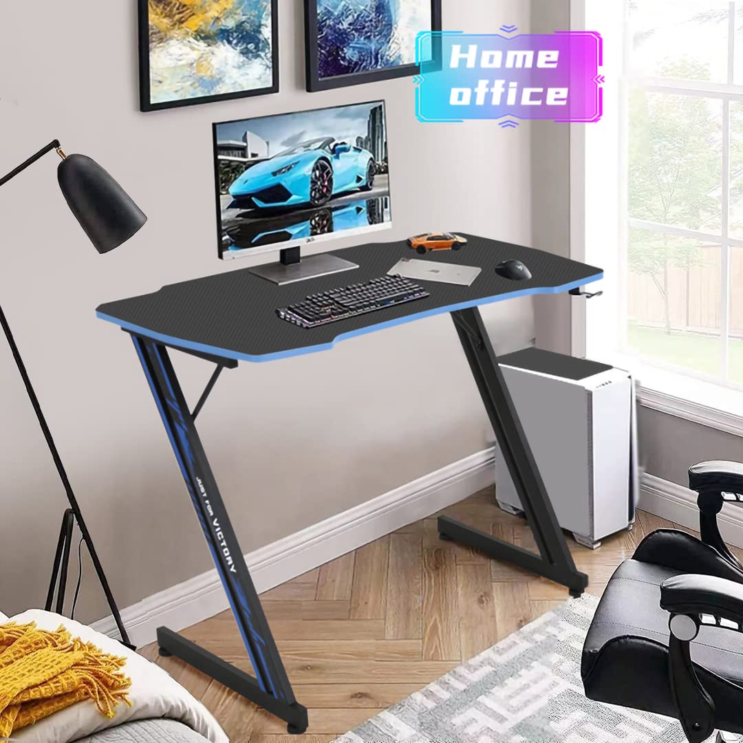 XXkseh 39 in Gaming Desk Gaming Computer Desk with Hook Z-Shaped PC Gaming Table Home Office Desks for Small Places, Carbon Fiber Surface, Simple Installation, Blue