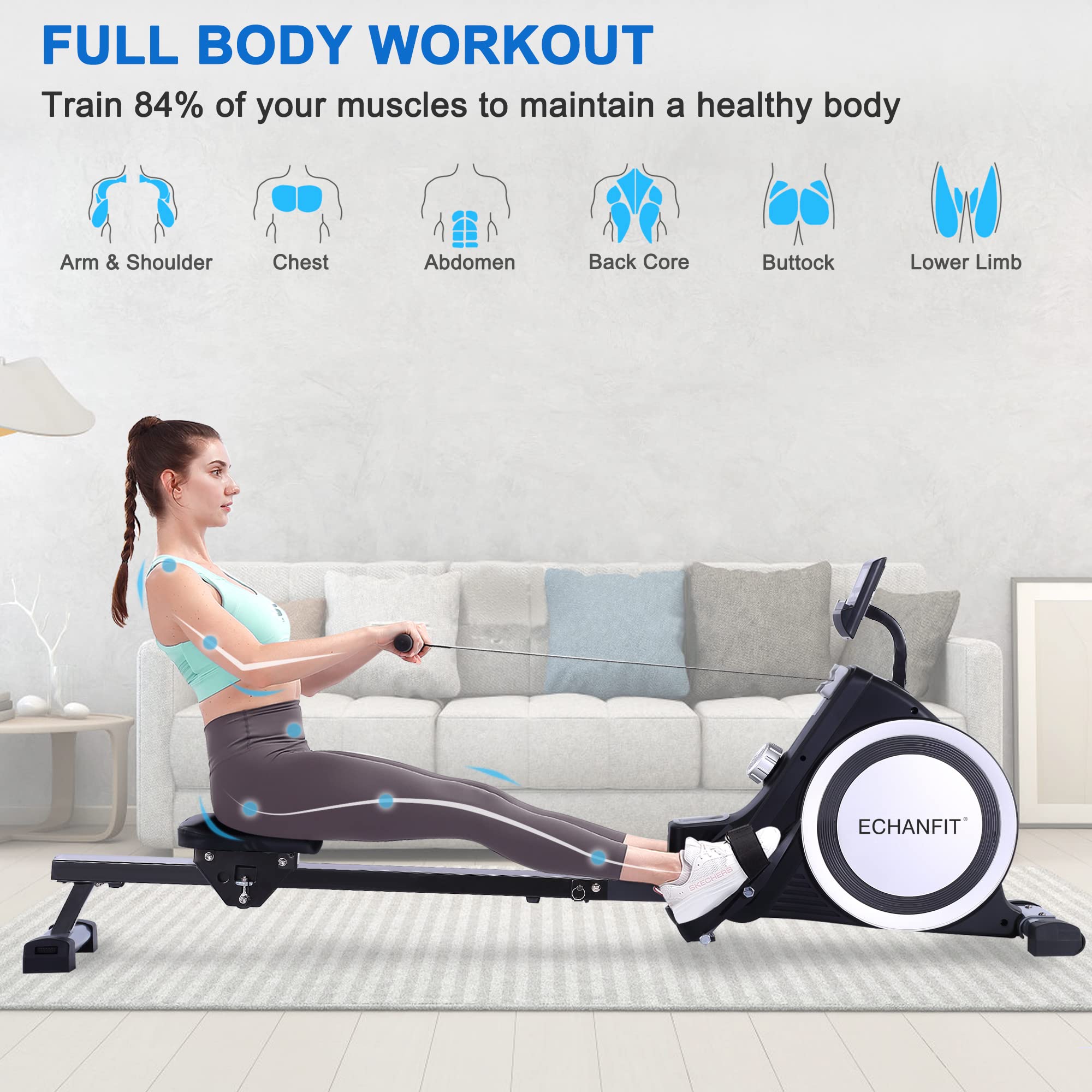 ECHANFIT Magnetic Rowing Machine with 350 LB Max Capacity Foldable Rower for Home Use, Bluetooth Fitness App with LCD Monitor for Full Body Workout