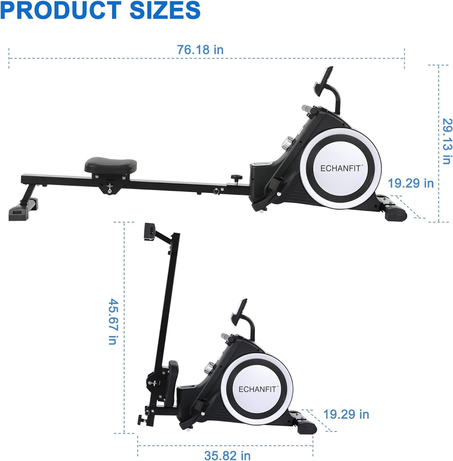 ECHANFIT Magnetic Rowing Machine with 350 LB Max Capacity Foldable Rower for Home Use, Bluetooth Fitness App with LCD Monitor for Full Body Workout