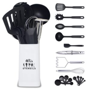 kitchen utensil set-19 pieces cooking utensils-nylon kitchen utensils - nonstick cookware with silicone spatula stainless steel kitchen tools kitchen gadgets black