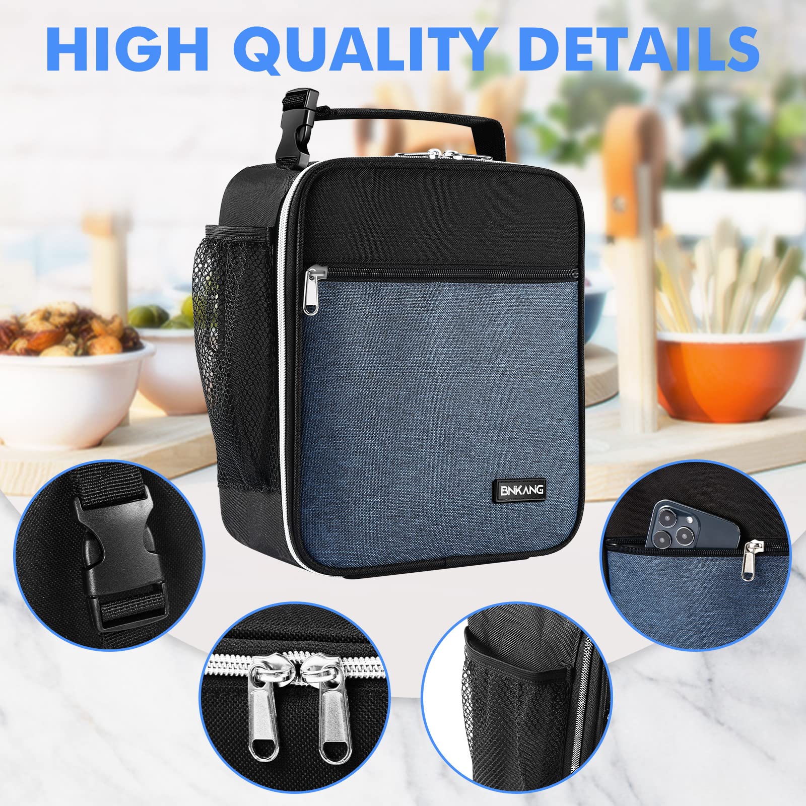 Lunch Box Insulated Lunch Bag - Durable Small Lunch Bag Reusable Adults Tote Bag Lunch Box for Adult Men Women (Black with Blue)