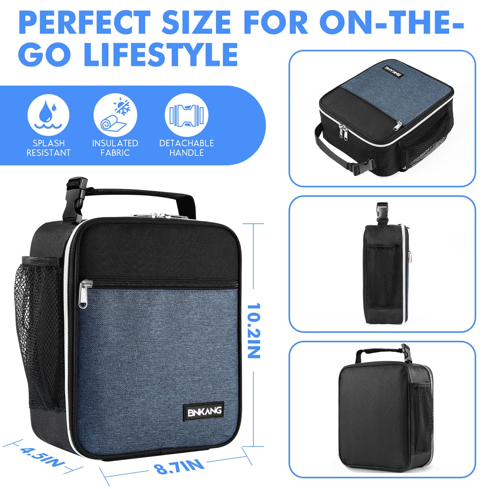 Lunch Box Insulated Lunch Bag - Durable Small Lunch Bag Reusable Adults Tote Bag Lunch Box for Adult Men Women (Black with Blue)