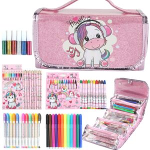 fruit scented markers set 56 pcs with unicorn pencil case, gifts for girls ages 4-6-8, supplies for kids art and craft coloring