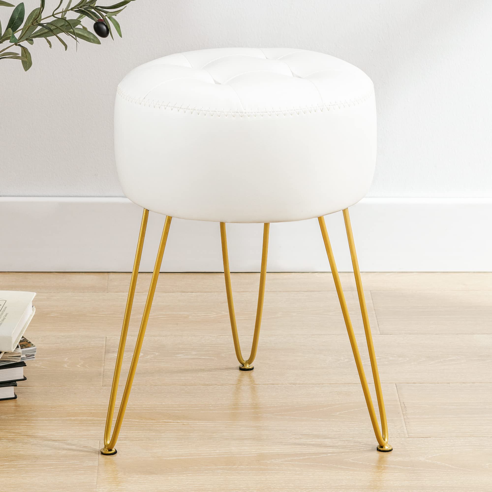 LUE BONA Faux Leather Vanity Stool Chair for Makeup Room, White Stool for Vanity, 19” Height, Tufted Vanity Chair Stool with Metal Legs, Modern Foot Stool Ottoman for Bedroom, Living Room