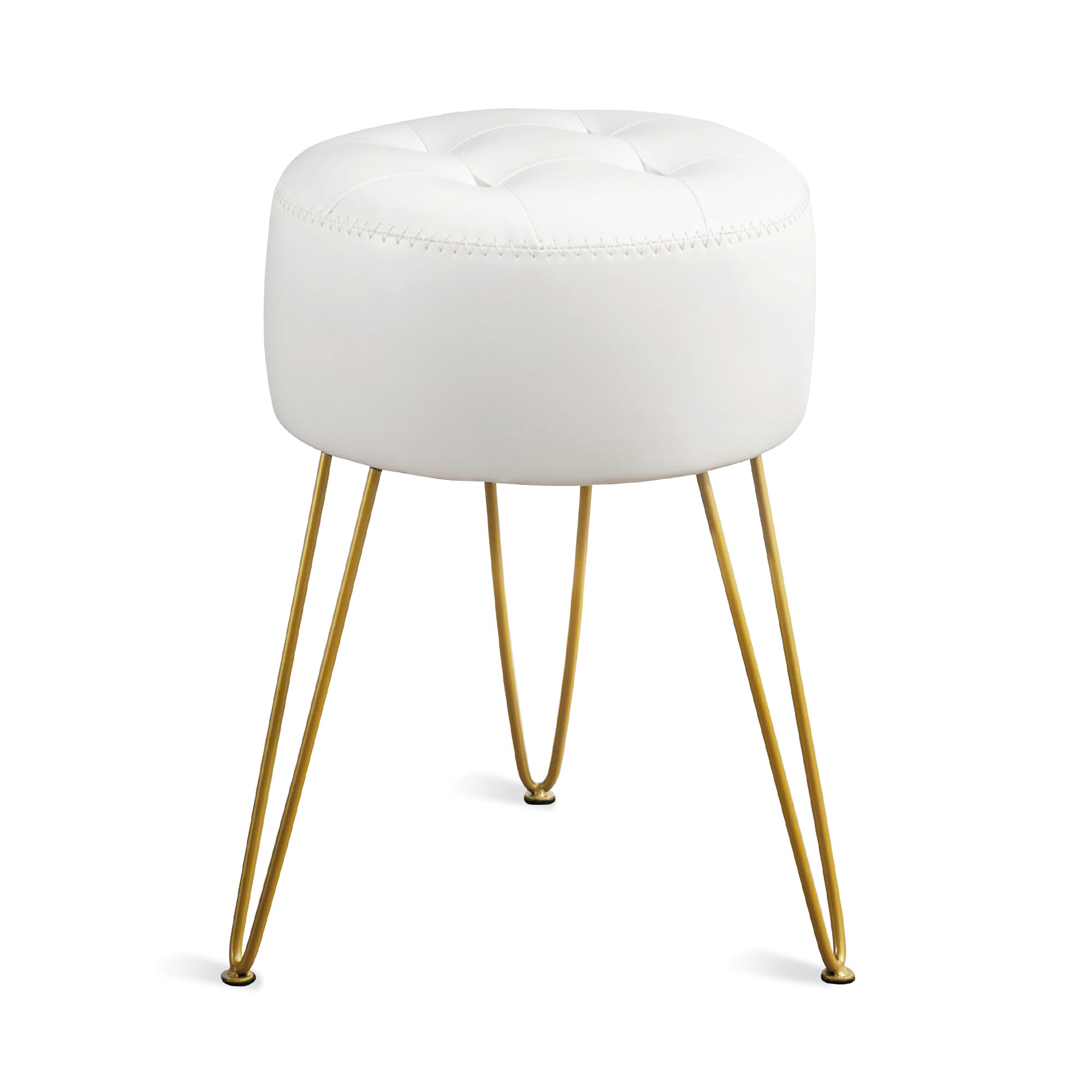 LUE BONA Faux Leather Vanity Stool Chair for Makeup Room, White Stool for Vanity, 19” Height, Tufted Vanity Chair Stool with Metal Legs, Modern Foot Stool Ottoman for Bedroom, Living Room