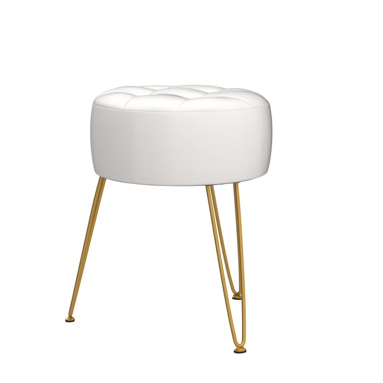 LUE BONA Faux Leather Vanity Stool Chair for Makeup Room, White Stool for Vanity, 19” Height, Tufted Vanity Chair Stool with Metal Legs, Modern Foot Stool Ottoman for Bedroom, Living Room