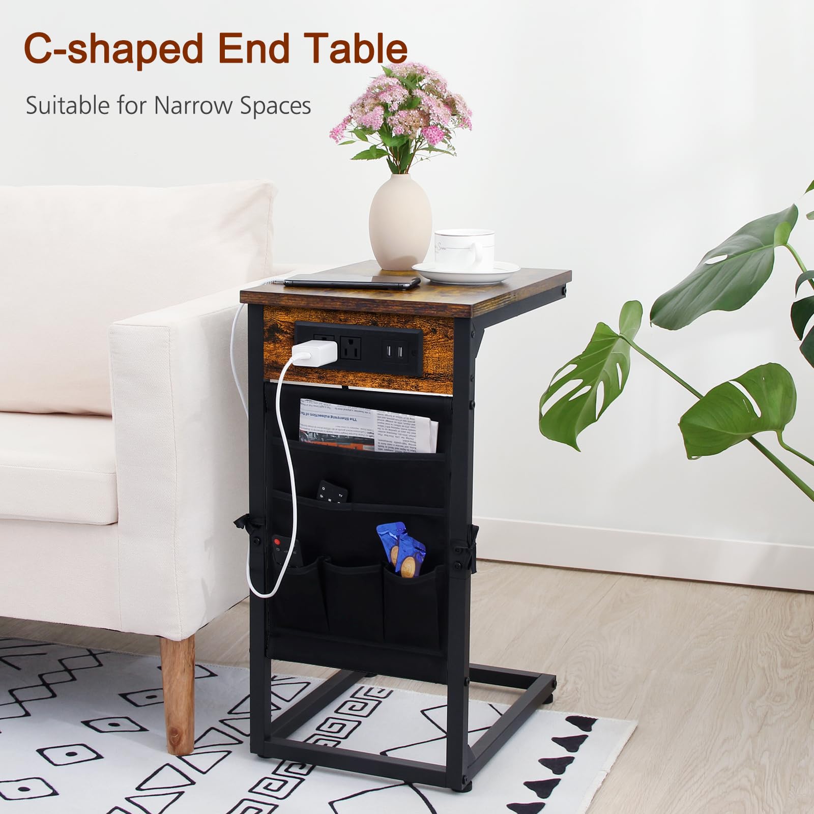 AMHANCIBLE C Shaped End Table with Charging Station, TV Tray Set of 2 with Storage, Couch Tables That Slide Under, Sofa Table for Living Room, Bedroom HET04CBR