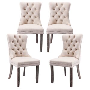 kiztir velvet upholstered dining chairs set of 4, wingback dining room chairs with ring pull trim and button back, luxury tufted dining chair for living room, bedroom, kitchen (beige)