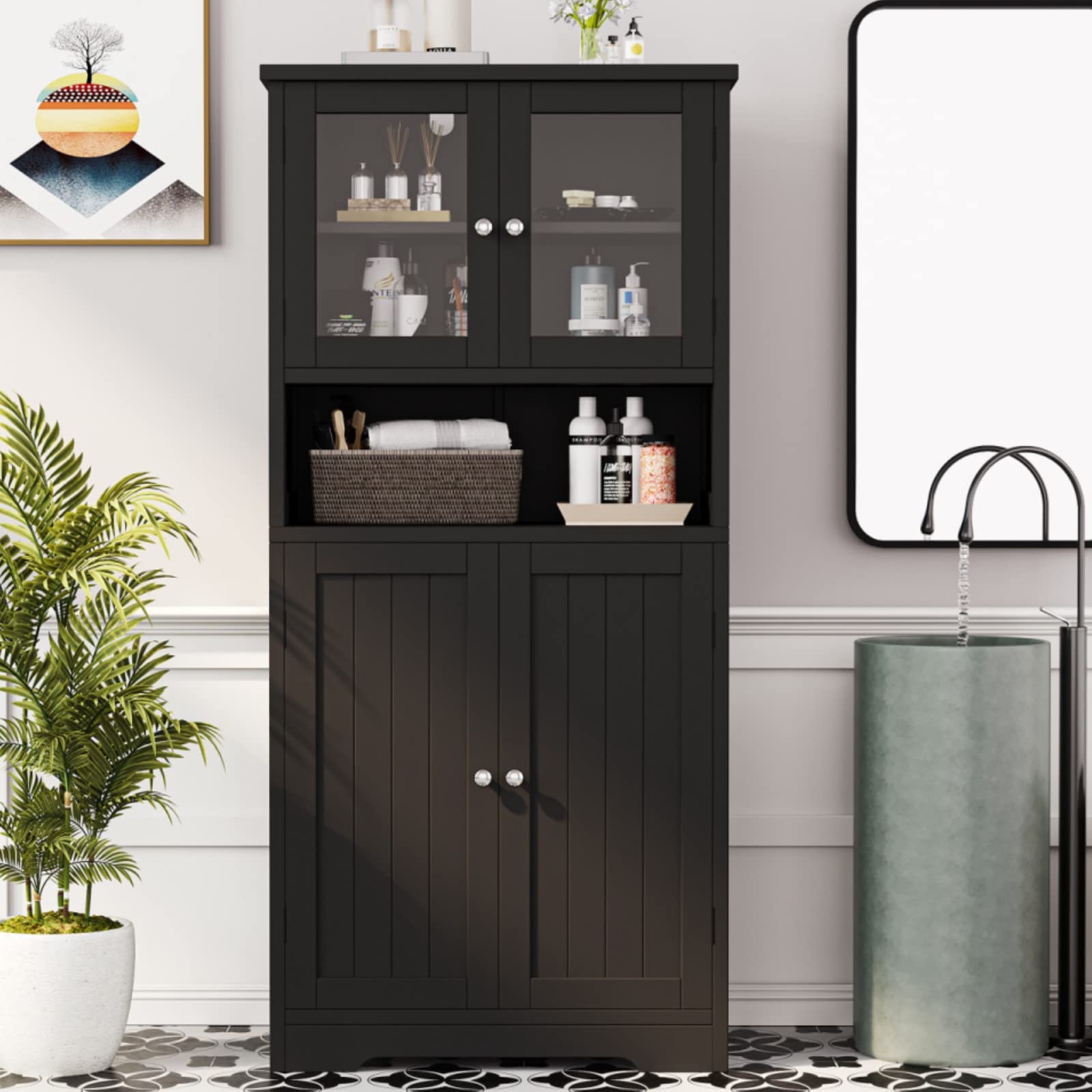 Irontar Bathroom Cabinet, Bathroom Floor Cabinet with Open Shelf, Large Display Cabinet with Doors, Kitchen Cupboard, Storage Cabinet for Living Room, 23.6 x 11.8 x 50.4 Inches, Black CWG006B