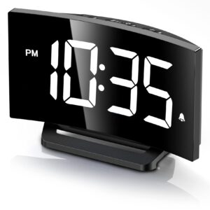 goloza digital alarm clock for bedroom, digital clock with modern curved design, conspicuous white led numbers, 5 levels brightness+off, 2 volume, 3 alarm tones, snooze,power-off memory,12/24h