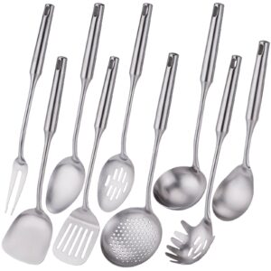 304 stainless steel kitchen utensils set, standcn 9 pcs metal cooking tools set with meat fork, solid spoon, slotted spoon, spatula, ladle, skimmer, slotted spatula, spaghetti server, large spoon