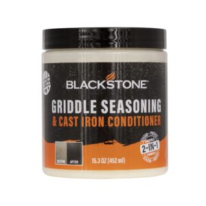 blackstone 4146 griddle conditioner kit 2-in-1 cast iron season oil for grill grates, skillet, dutch oven, pots & pans-clean, protect, condition & care-plant based & vegan, 15.3 ounce (pack of 1)