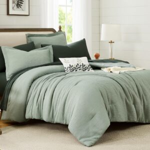 mairêve sage green comforter king size, king size comforter set crinkle design, all season comfortable king bedding set 7 pieces with sheets, comforter, pillowcases & shams (king, 102"x90")