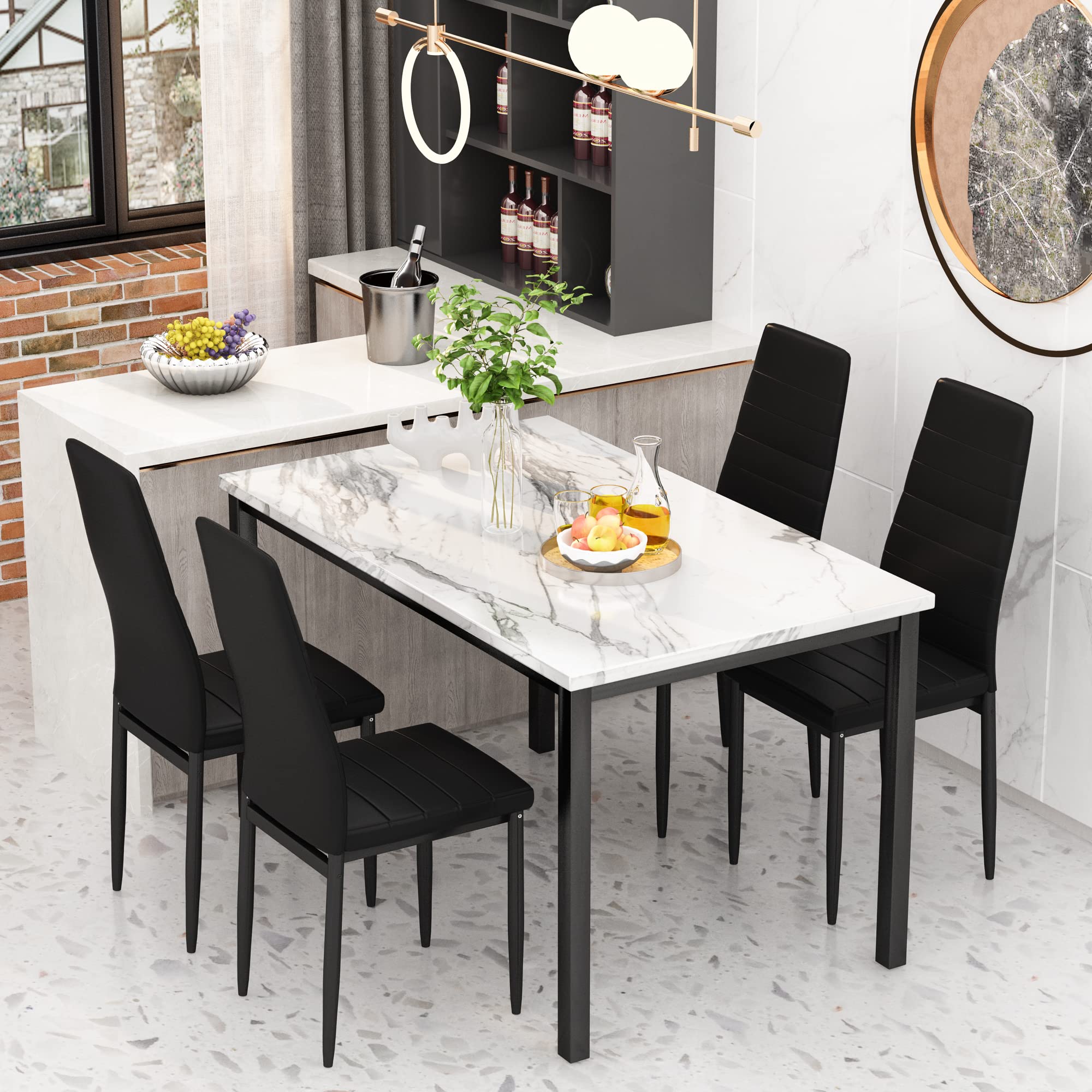 AWQM 5 Pieces Dining Table Set, Dining Room Table Set for 4 for Breakfast Nook, Compact Space, Kitchen Table Set with Faux Marble Pattern Table and 4 PU Leather Upholstered Chairs, White Black