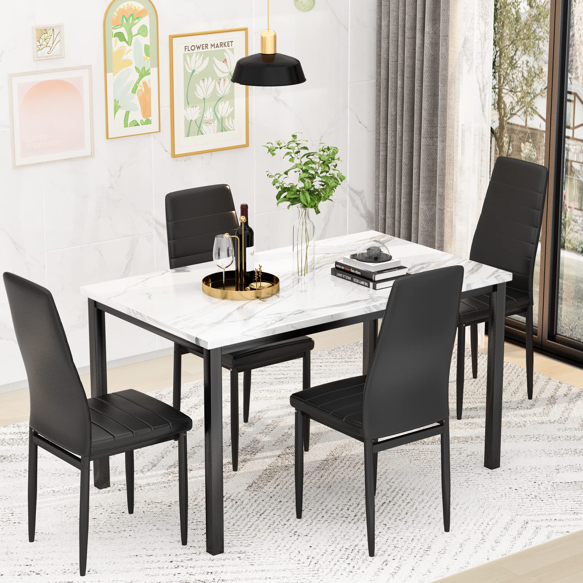 AWQM 5 Pieces Dining Table Set, Dining Room Table Set for 4 for Breakfast Nook, Compact Space, Kitchen Table Set with Faux Marble Pattern Table and 4 PU Leather Upholstered Chairs, White Black