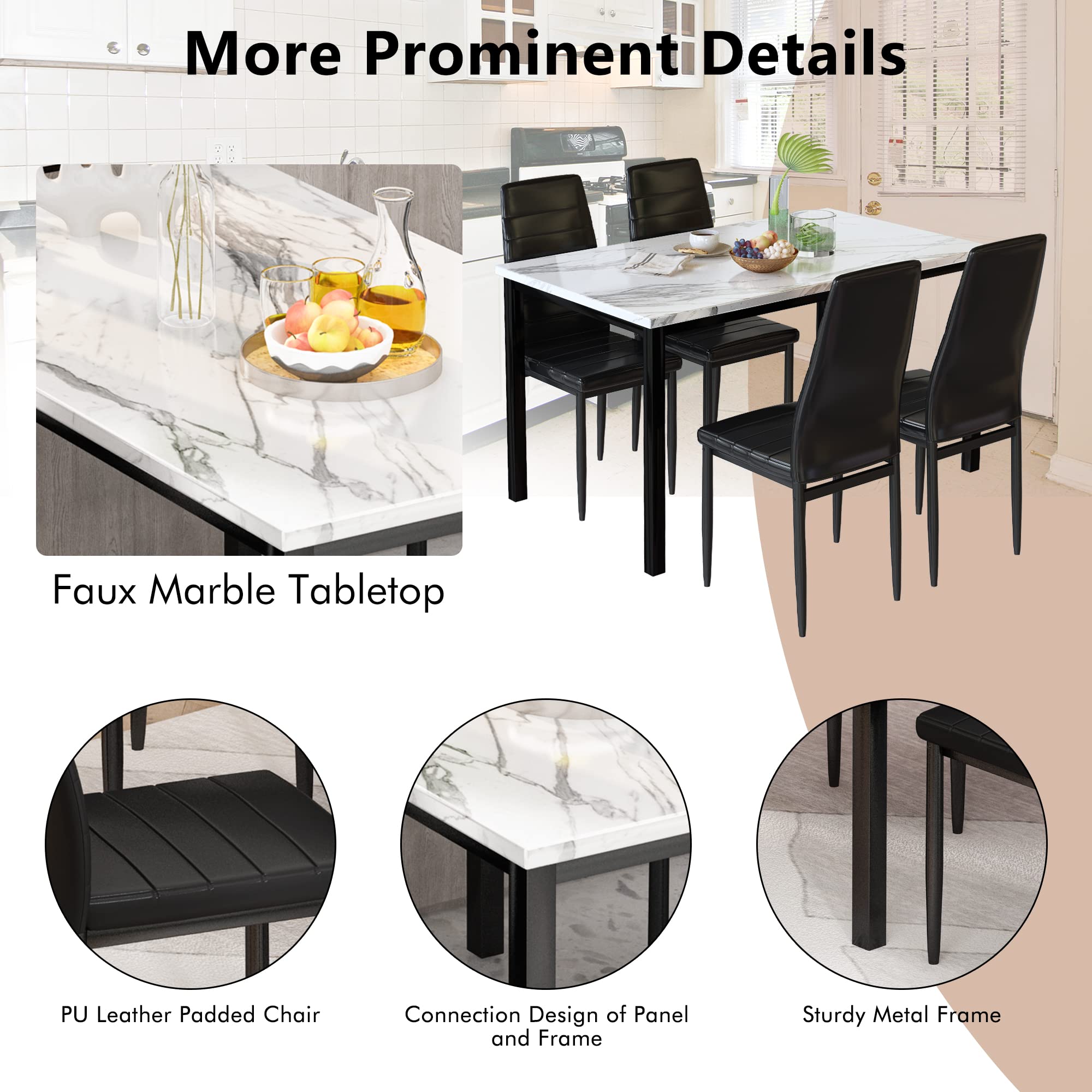 AWQM 5 Pieces Dining Table Set, Dining Room Table Set for 4 for Breakfast Nook, Compact Space, Kitchen Table Set with Faux Marble Pattern Table and 4 PU Leather Upholstered Chairs, White Black