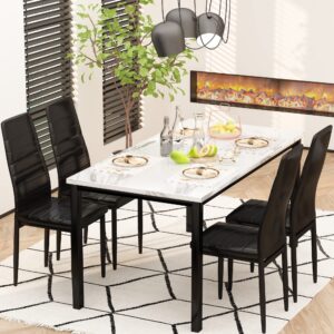 AWQM 5 Pieces Dining Table Set, Dining Room Table Set for 4 for Breakfast Nook, Compact Space, Kitchen Table Set with Faux Marble Pattern Table and 4 PU Leather Upholstered Chairs, White Black