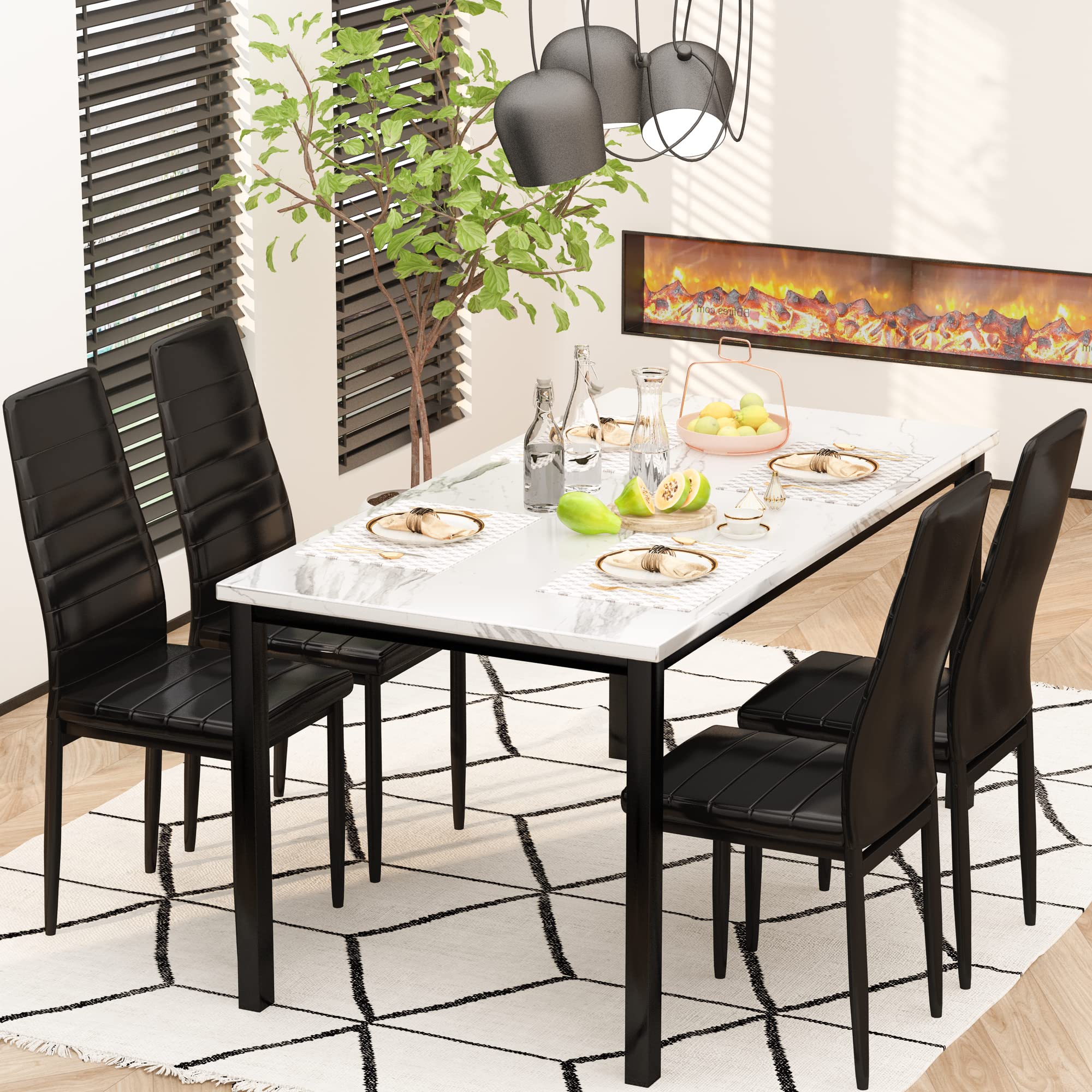 AWQM 5 Pieces Dining Table Set, Dining Room Table Set for 4 for Breakfast Nook, Compact Space, Kitchen Table Set with Faux Marble Pattern Table and 4 PU Leather Upholstered Chairs, White Black