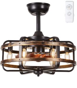 iyunxi caged ceiling fans with lights farmhouse, 18 inch flush mount vintage bladeless rustic chandeliers fan remote bedroom 6 light e12 bulb base