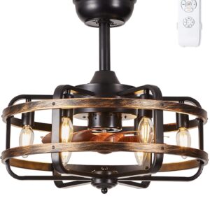 IYUNXI Caged Ceiling Fans with Lights Farmhouse, 18 Inch Flush Mount Vintage Bladeless Rustic Chandeliers Fan Remote Bedroom 6 Light E12 Bulb Base