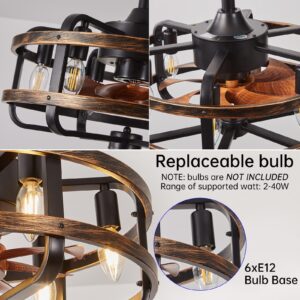 IYUNXI Caged Ceiling Fans with Lights Farmhouse, 18 Inch Flush Mount Vintage Bladeless Rustic Chandeliers Fan Remote Bedroom 6 Light E12 Bulb Base