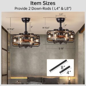 IYUNXI Caged Ceiling Fans with Lights Farmhouse, 18 Inch Flush Mount Vintage Bladeless Rustic Chandeliers Fan Remote Bedroom 6 Light E12 Bulb Base