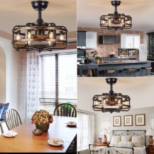 IYUNXI Caged Ceiling Fans with Lights Farmhouse, 18 Inch Flush Mount Vintage Bladeless Rustic Chandeliers Fan Remote Bedroom 6 Light E12 Bulb Base