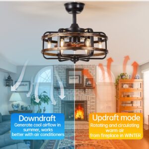 IYUNXI Caged Ceiling Fans with Lights Farmhouse, 18 Inch Flush Mount Vintage Bladeless Rustic Chandeliers Fan Remote Bedroom 6 Light E12 Bulb Base