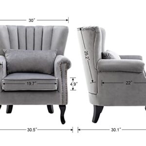 DM Furniture Mid Century Accent Chair Modern Tufted Wingback Armchairs Club Chair Velvet Single Sofa Lounge Chair with Pillow for Living Room, Grey