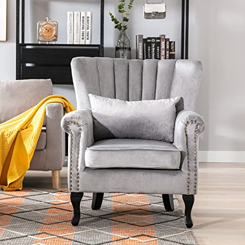 DM Furniture Mid Century Accent Chair Modern Tufted Wingback Armchairs Club Chair Velvet Single Sofa Lounge Chair with Pillow for Living Room, Grey