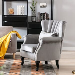 DM Furniture Mid Century Accent Chair Modern Tufted Wingback Armchairs Club Chair Velvet Single Sofa Lounge Chair with Pillow for Living Room, Grey