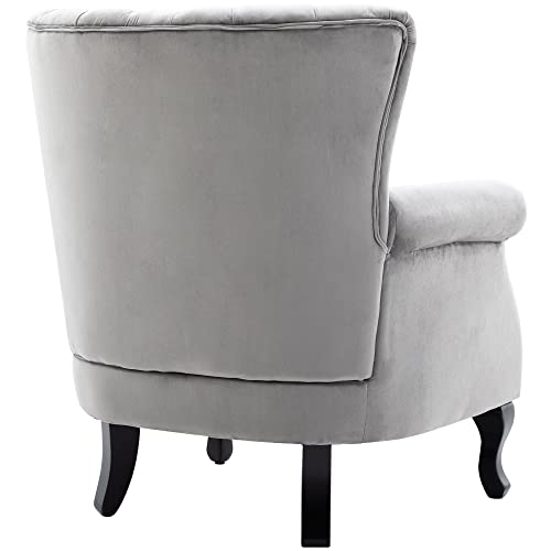 DM Furniture Mid Century Accent Chair Modern Tufted Wingback Armchairs Club Chair Velvet Single Sofa Lounge Chair with Pillow for Living Room, Grey