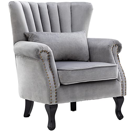 DM Furniture Mid Century Accent Chair Modern Tufted Wingback Armchairs Club Chair Velvet Single Sofa Lounge Chair with Pillow for Living Room, Grey