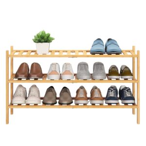 bmosu 3-tier bamboo extended shoe rack premium stackable shoe shelf storage organizer for hallway closet living room entryway organizer (natural bamboo)