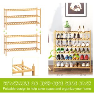 BMOSU 3-Tier Bamboo Extended Shoe Rack Premium Stackable Shoe Shelf Storage Organizer for Hallway Closet Living Room Entryway Organizer (Natural Bamboo)