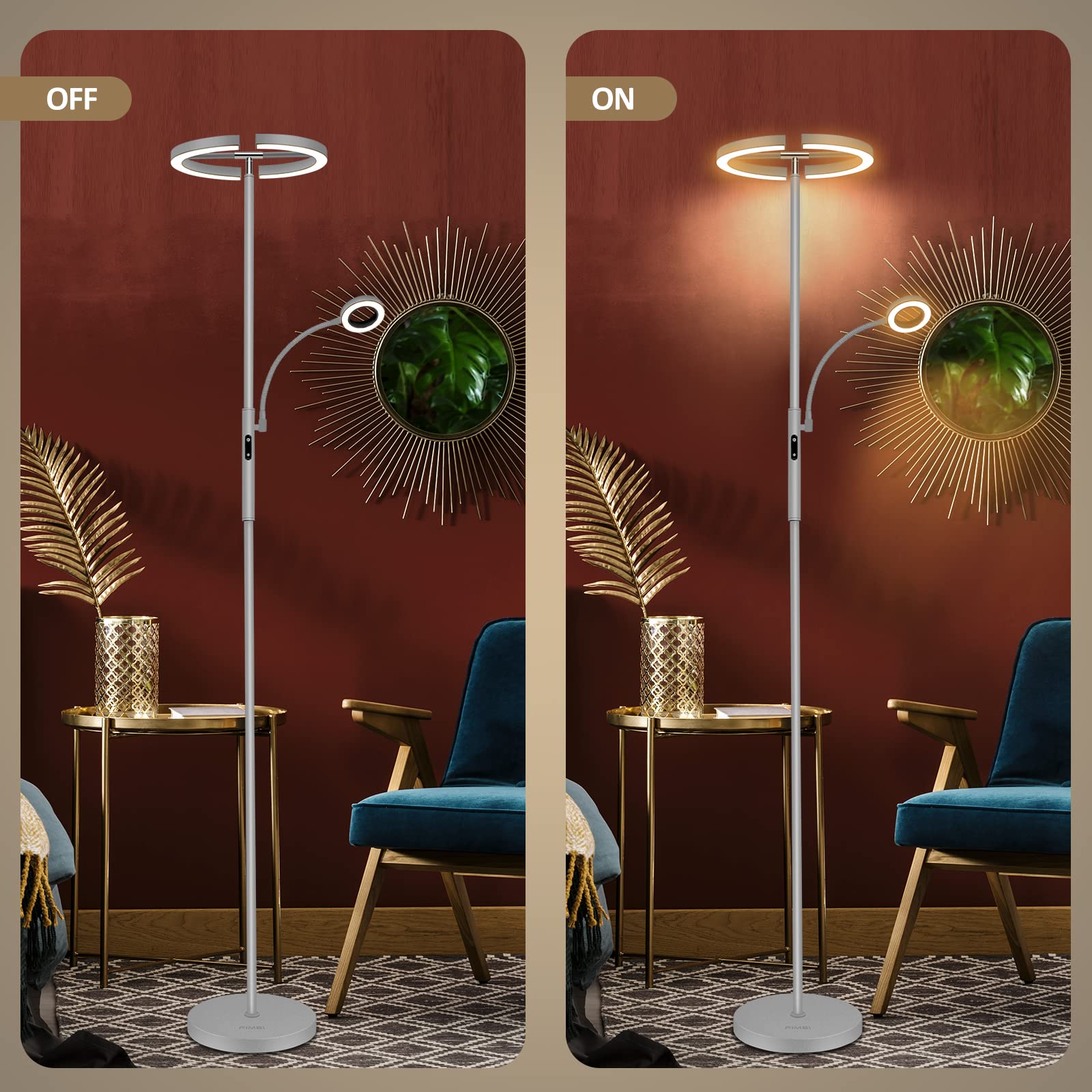 FIMEI Split Floor Lamp with Reading Light, Modern Bright LED Rotatable Standing Lamp with Stepless Dimming and 3000K-6000K Color for Living Room Bedroom Office, Touch and Remote Control, Gray