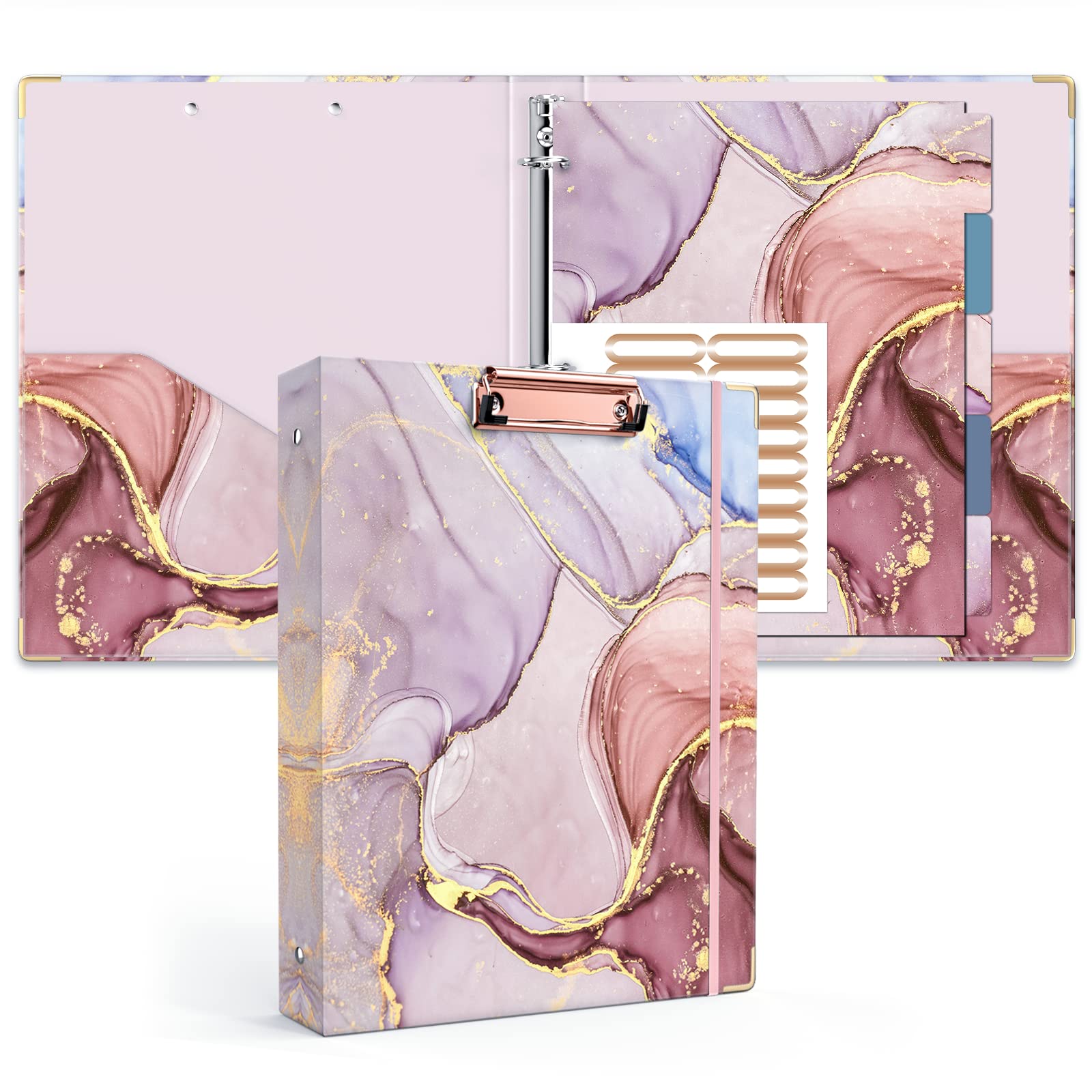 Ospelelf 3 Ring Binder 1 Inch, Cute Binder for Letter Size (11" x 8.5") with 5 Tab Dividers, File Folder Labels and Low Profile Clipboards, Pink Marble Binder for School Supplies and Office Supplies